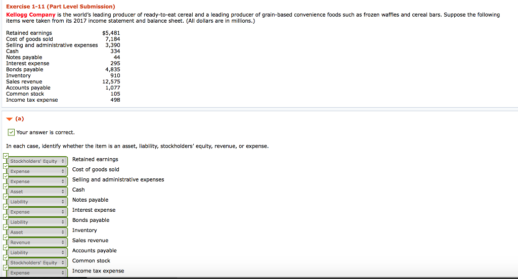 Solved Exercise 1-11 (Part Level Submission) Kellogg Company | Chegg.com