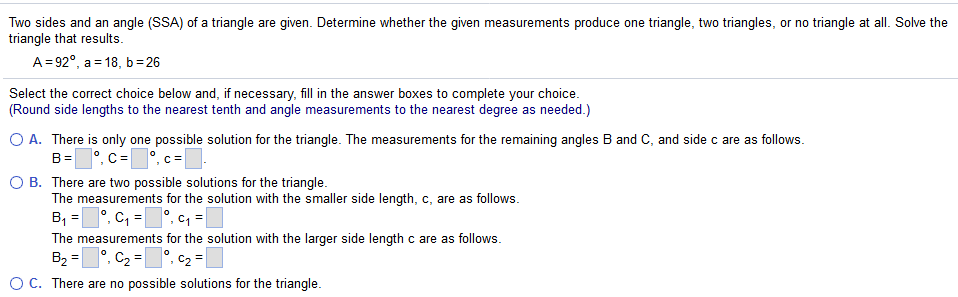 Solved Two sides and an angle (SSA) of a triangle are given. | Chegg.com
