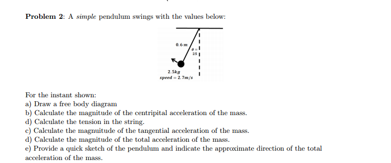 Solved A simple pendulum swings with the values below: For | Chegg.com