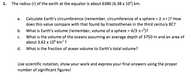 Solved The radius (r) of the earth at the equator is about | Chegg.com