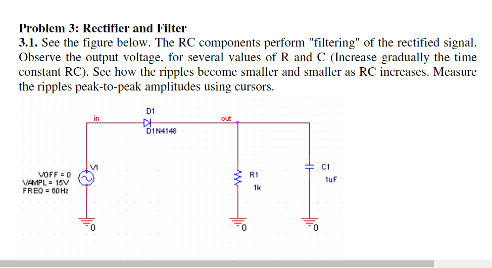 Solved Problem 3: Rectifier and Filter 3.1. See the figure | Chegg.com