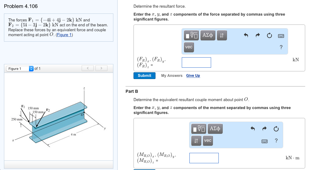 Solved The forces F1={−4i+4j−2k}kN and F2={5i−3j−2k}kN act | Chegg.com