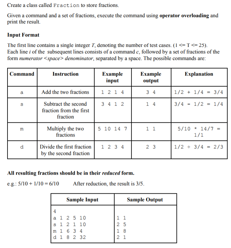 Solved Create a class called Fraction to store fractions. | Chegg.com