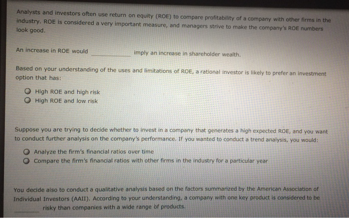 Solved Analysts and investors often use return on equity | Chegg.com