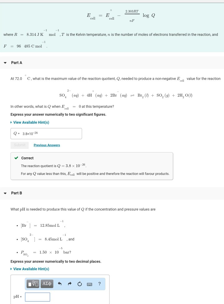 Solved 2.303 RT log n F cell where R 8.314 J K mol . T is | Chegg.com