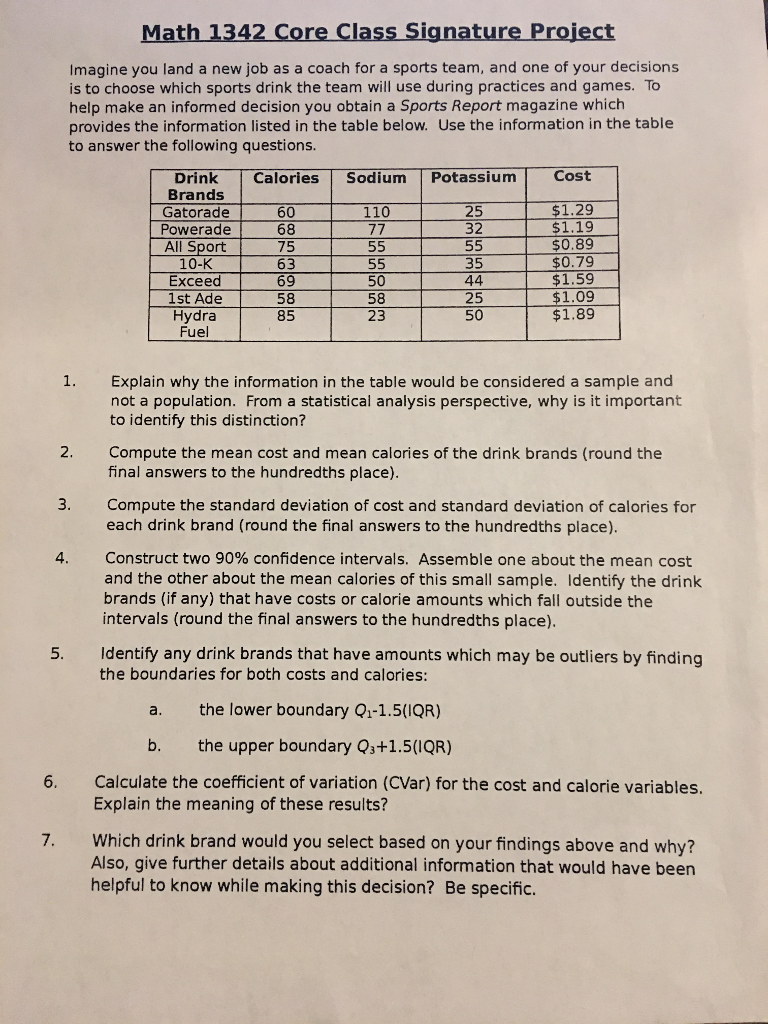 Math 1342 Core Class Signature Project Imagine you | Chegg.com