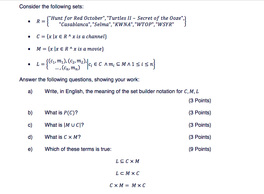 Solved Consider the following sets: R={'Hunt for October", | Chegg.com