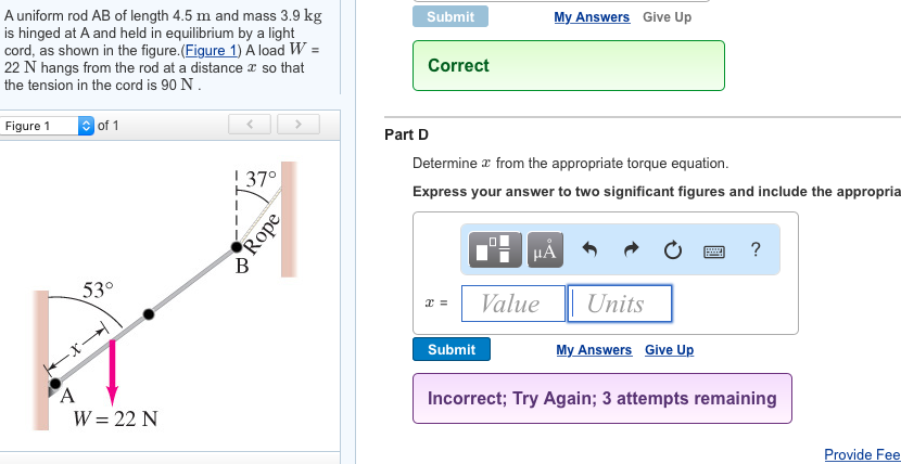 Solved A uniform rod AB of length 4.5 m and mass 3.9 kg is | Chegg.com