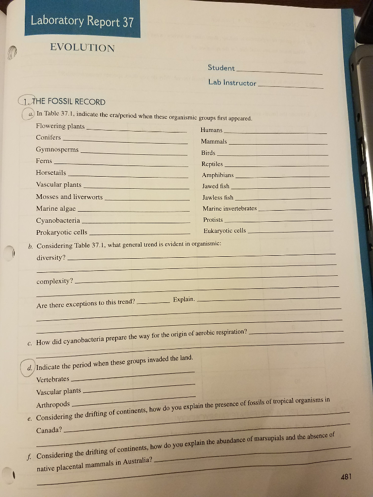 Solved Laboratory Report 37 EVOLUTION Student Lab Instructor | Chegg.com
