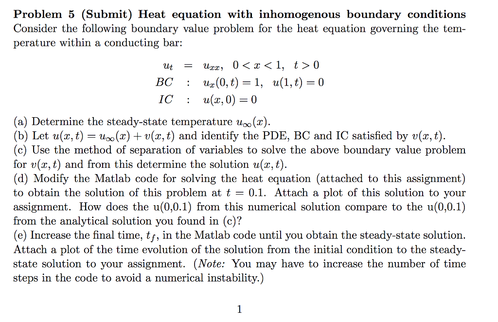 Solved Problem 5 (Submit) Heat equation with inhomogenous | Chegg.com