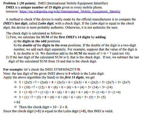 Problem 1 (30 points): IMEI (International Mobile | Chegg.com