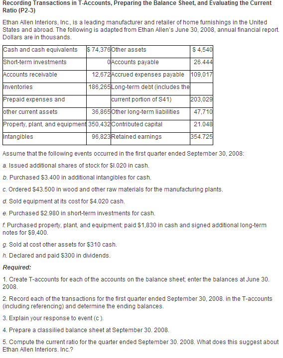 Recording Transactions in T-Accounts, Preparing the | Chegg.com