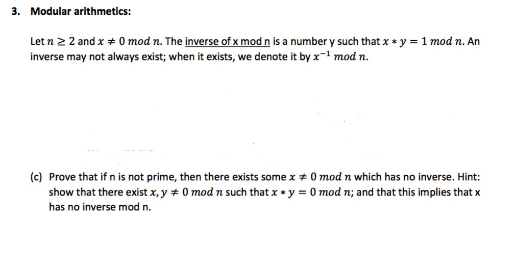 Solved Let n > 2 and x 0 mod n. The inverse of x mod n is a | Chegg.com