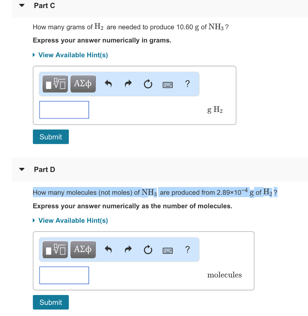 Solved Part C How many grams of H2 are needed to produce | Chegg.com