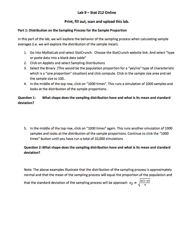 Solved Lab 9 - Stat 212 Online Print, fill out, scan and | Chegg.com