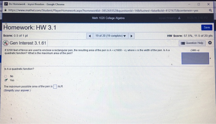 Solved Math 1020 College Algebra Homework: HW 3.1 Score: 0 | Chegg.com