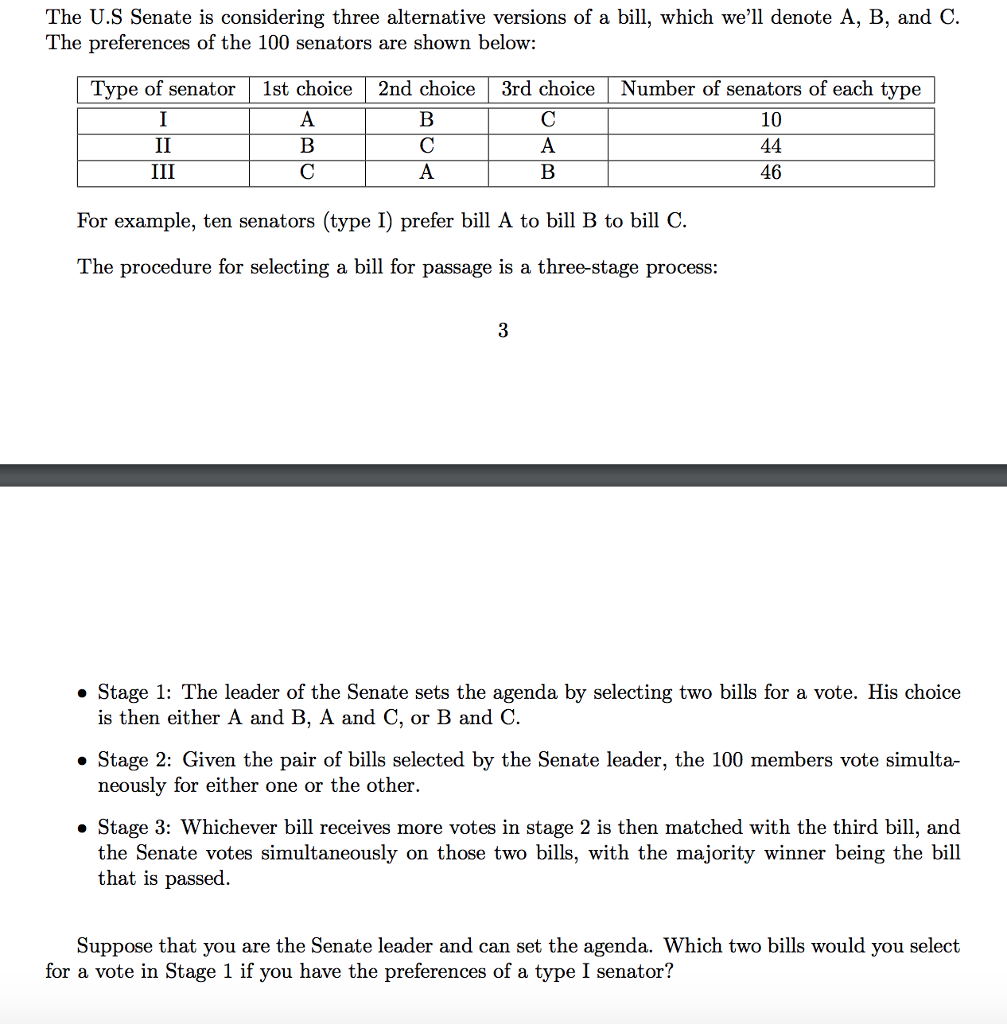 Solved The U.S Senate is considering three alternative | Chegg.com