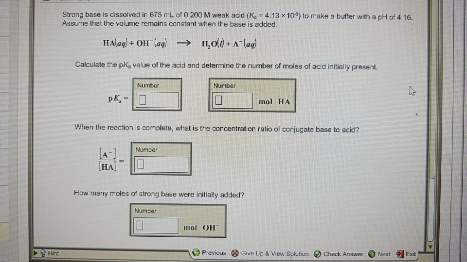 Solved Strong base is dissolved in 675 mL of 0.200 M weak | Chegg.com