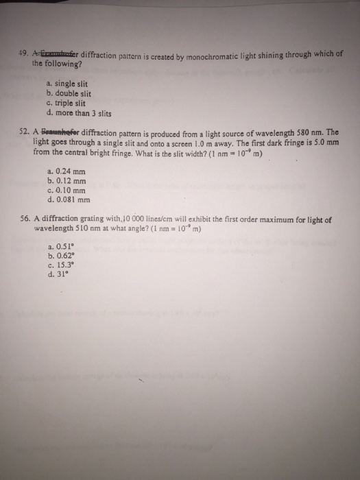 Solved A diffraction pattern is created by monochromatic | Chegg.com