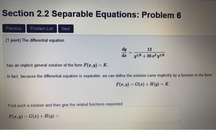 Solved Section 2 2 Separable Equations Problem 6 Previous