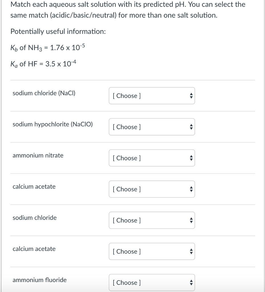 Solved Match each aqueous salt solution with its predicted | Chegg.com