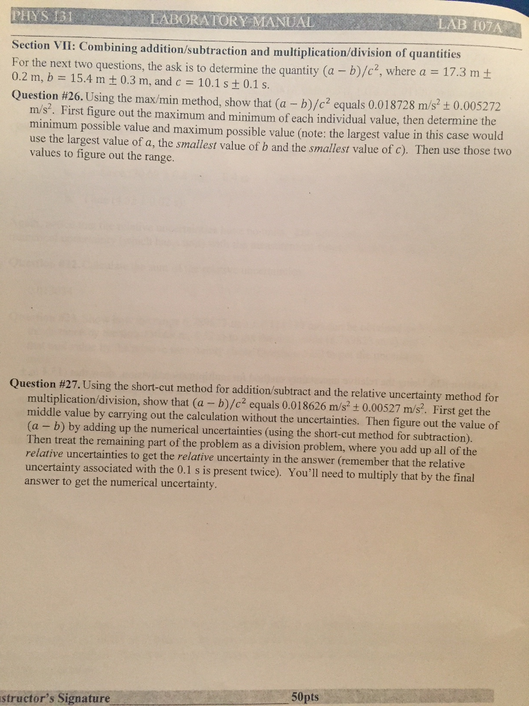Solved LABORATORY MANUAL Relative uncertainty method for | Chegg.com