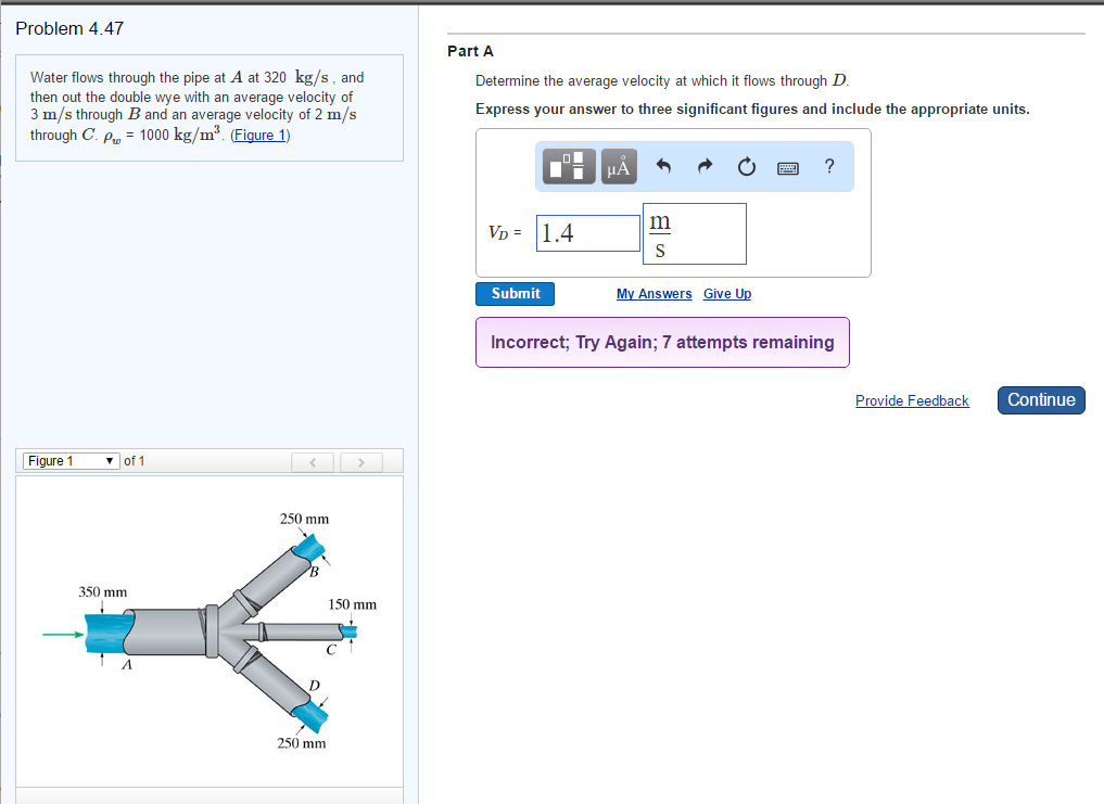 Solved Water flows through the pipe at A at 320 kg/s, and | Chegg.com