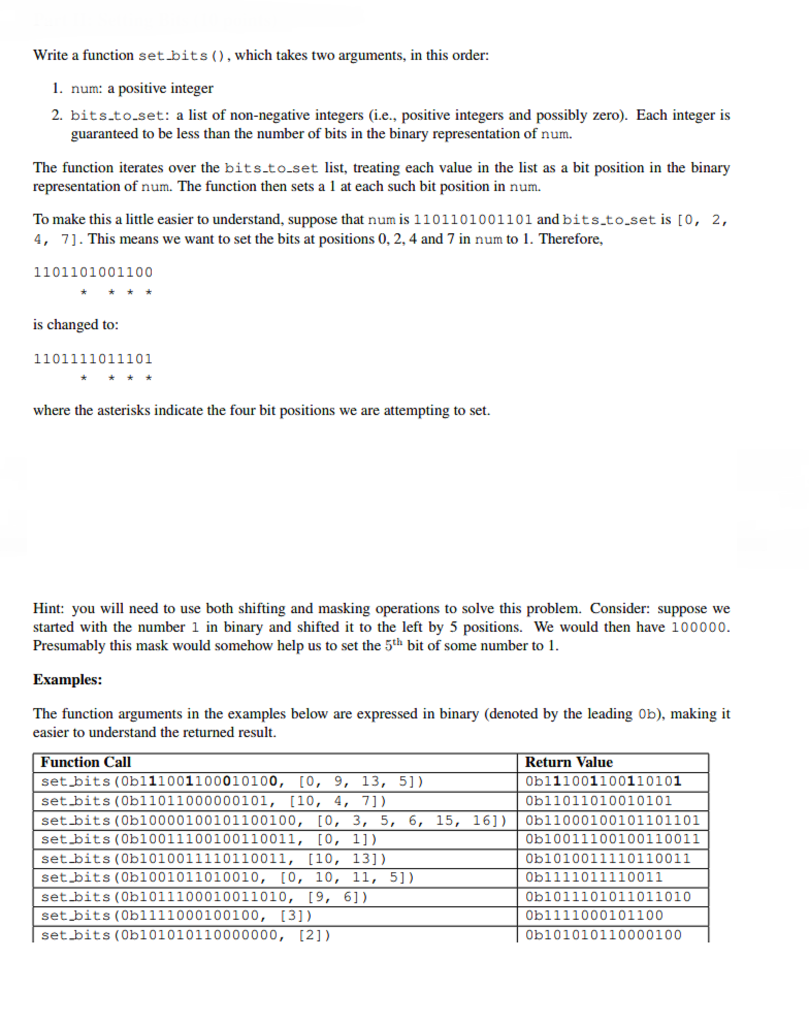 Solved Write a function set.bits), which takes two | Chegg.com