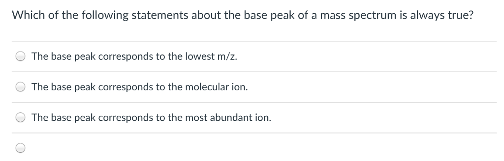 Solved Which of the following statements about the base peak | Chegg.com