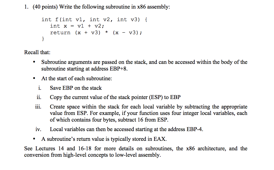 Write the following subroutine in x86 assembly: | Chegg.com