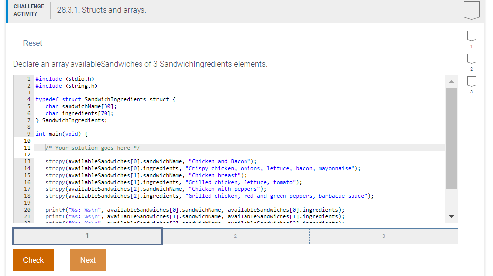 Solved ACIE28.3.1: Structs and arrays CHALLENGE Reset | Chegg.com
