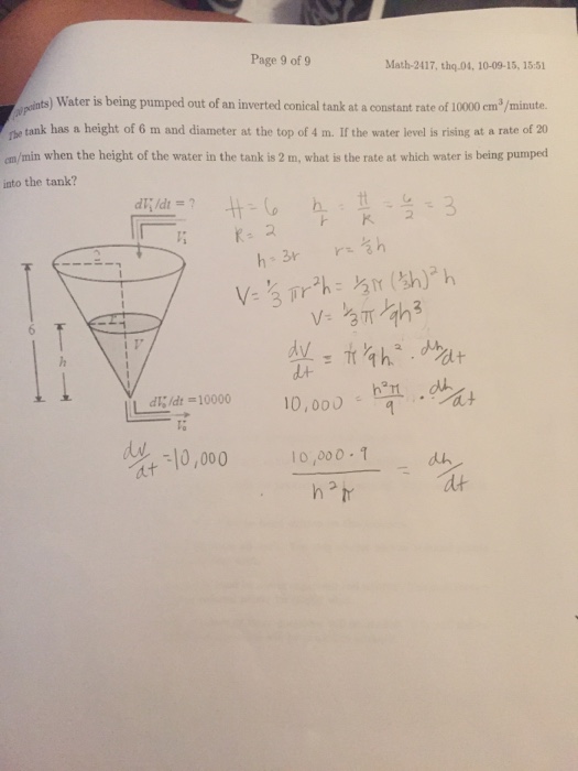 Solved Water is being pumped out of an inverted conical tank | Chegg.com