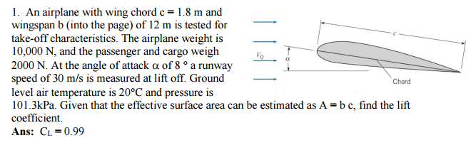 Solved An airplane with wing chord c = 1.8 m and wingspan b | Chegg.com