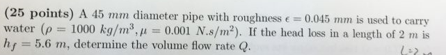 Solved A 45 mm diameter pipe with roughness epsilon = 0.045 | Chegg.com