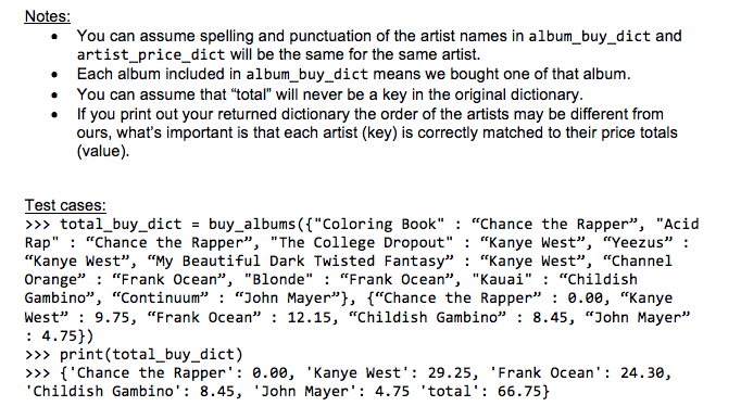 Solved Function name: buy album:s Parameters: a dictionary | Chegg.com