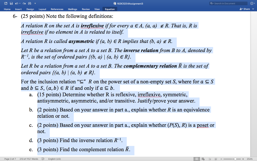 A relation R on the set A is irreflexive if for every | Chegg.com