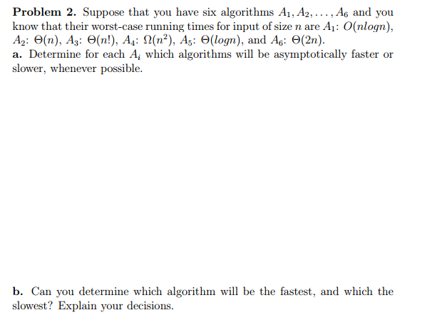 Solved Problem 2. Suppose that you have six algorithms Ai, | Chegg.com