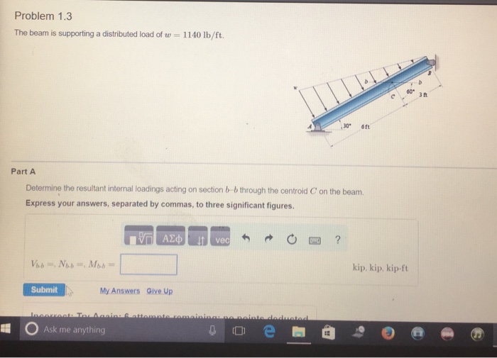Solved The beam is supporting a distributed load of w 1140 | Chegg.com
