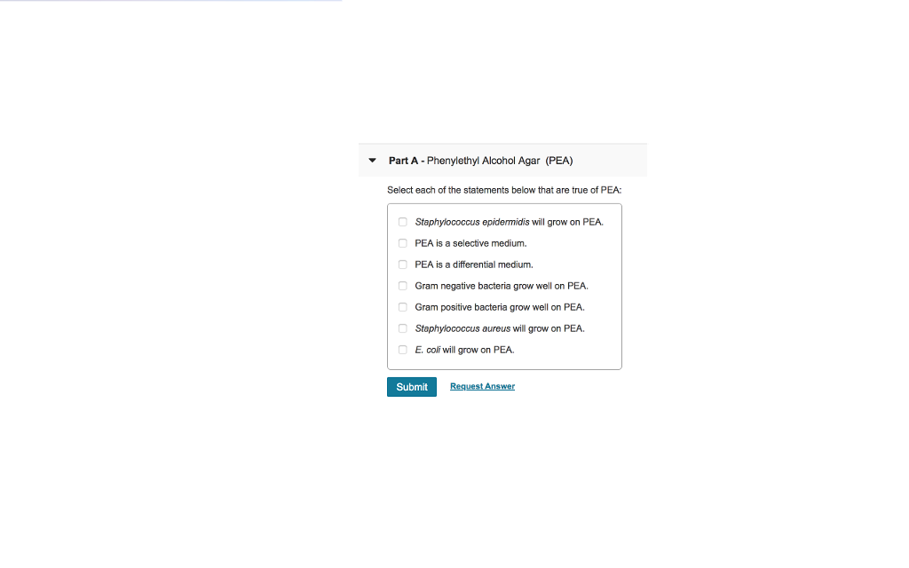 Solved Part A-Phenylethyl Alcohol Agar (PEA) Select each | Chegg.com