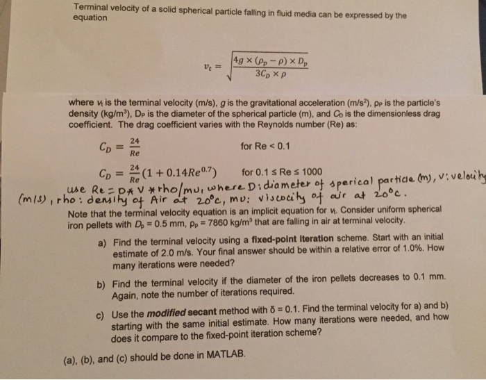 Terminal velocity of a solid spherical particle | Chegg.com