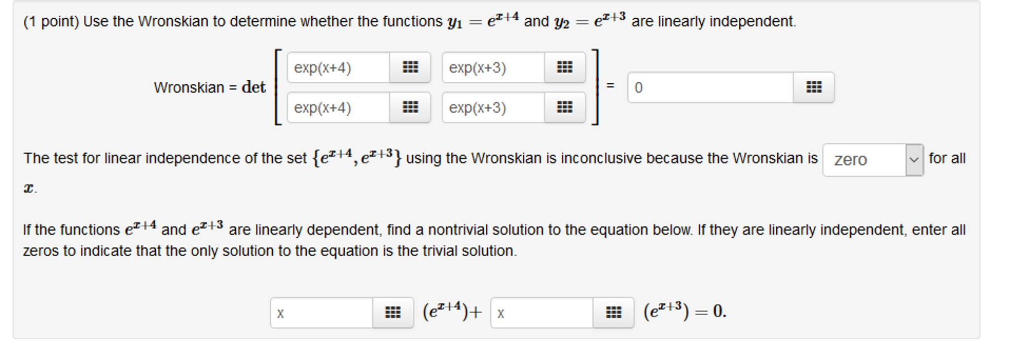 Solved Use the Wronskian to determine whether the functions | Chegg.com
