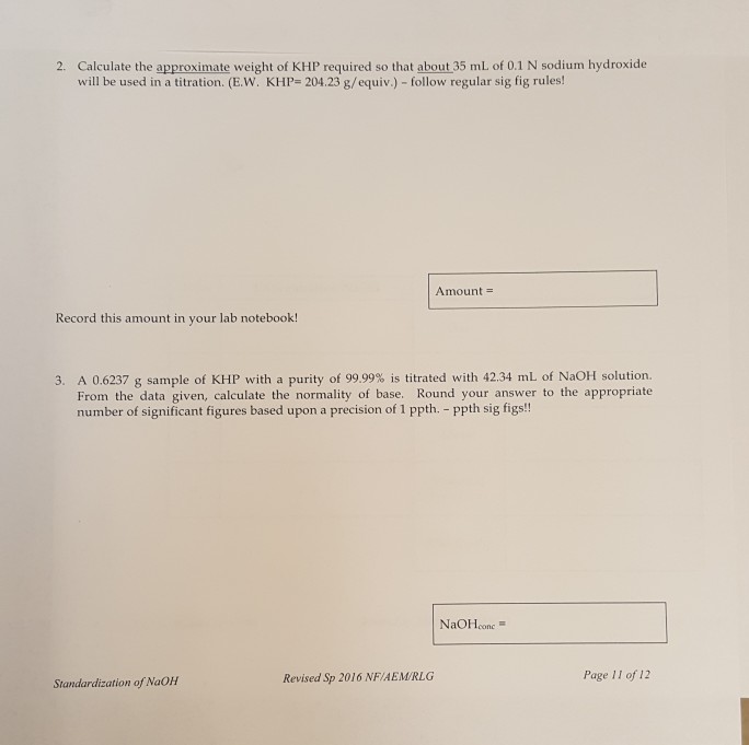 Solved 2. Calculate the approximate weight of KHP required | Chegg.com