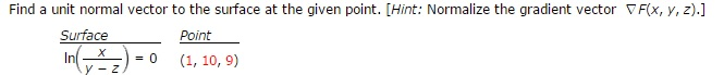 Solved Find a unit normal vector to the surface at the given | Chegg.com