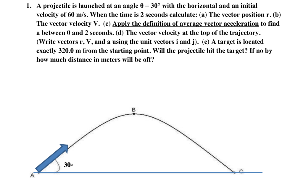 Solved 1. A projectile is launched at an angle θ = 30° with | Chegg.com