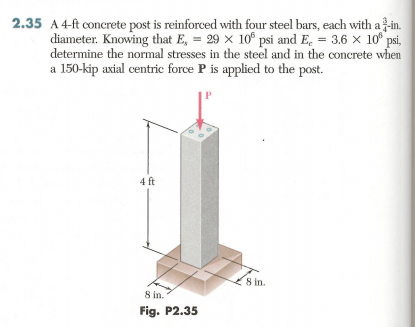 Solved A 4-ft concrete post is reinforced with four steel | Chegg.com