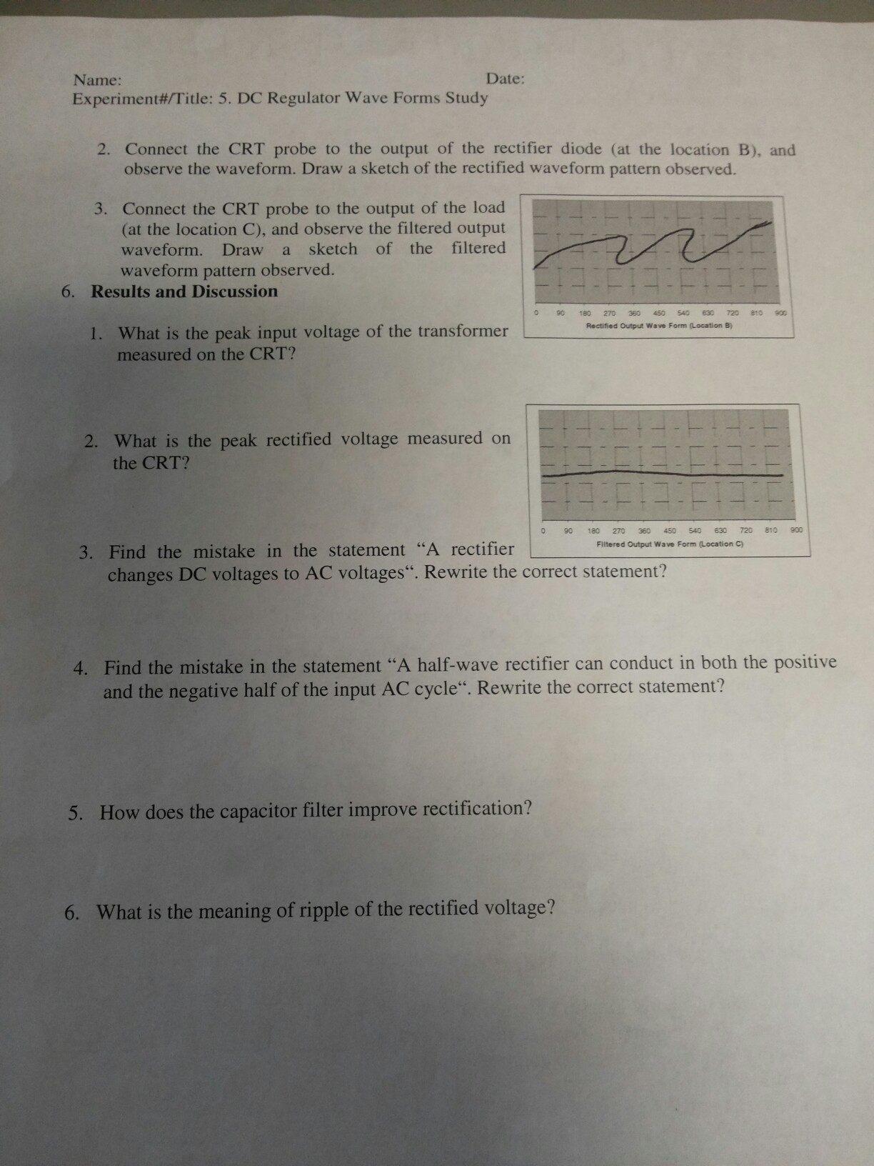 Solved Name: Experiment#/Title: 5, DC Regulator wave Forms | Chegg.com