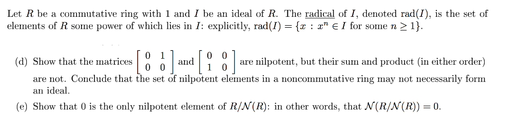 Solved Let R be a commutative ring with 1 and I be an ideal | Chegg.com