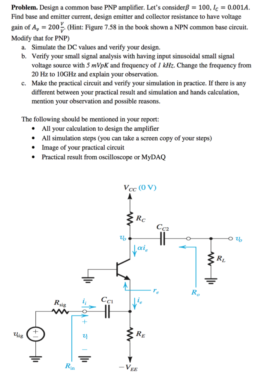 Solved Design a common base PNP amplifier. Let's consider | Chegg.com