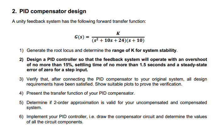 Solved PID compensator design A unity feedback system has | Chegg.com