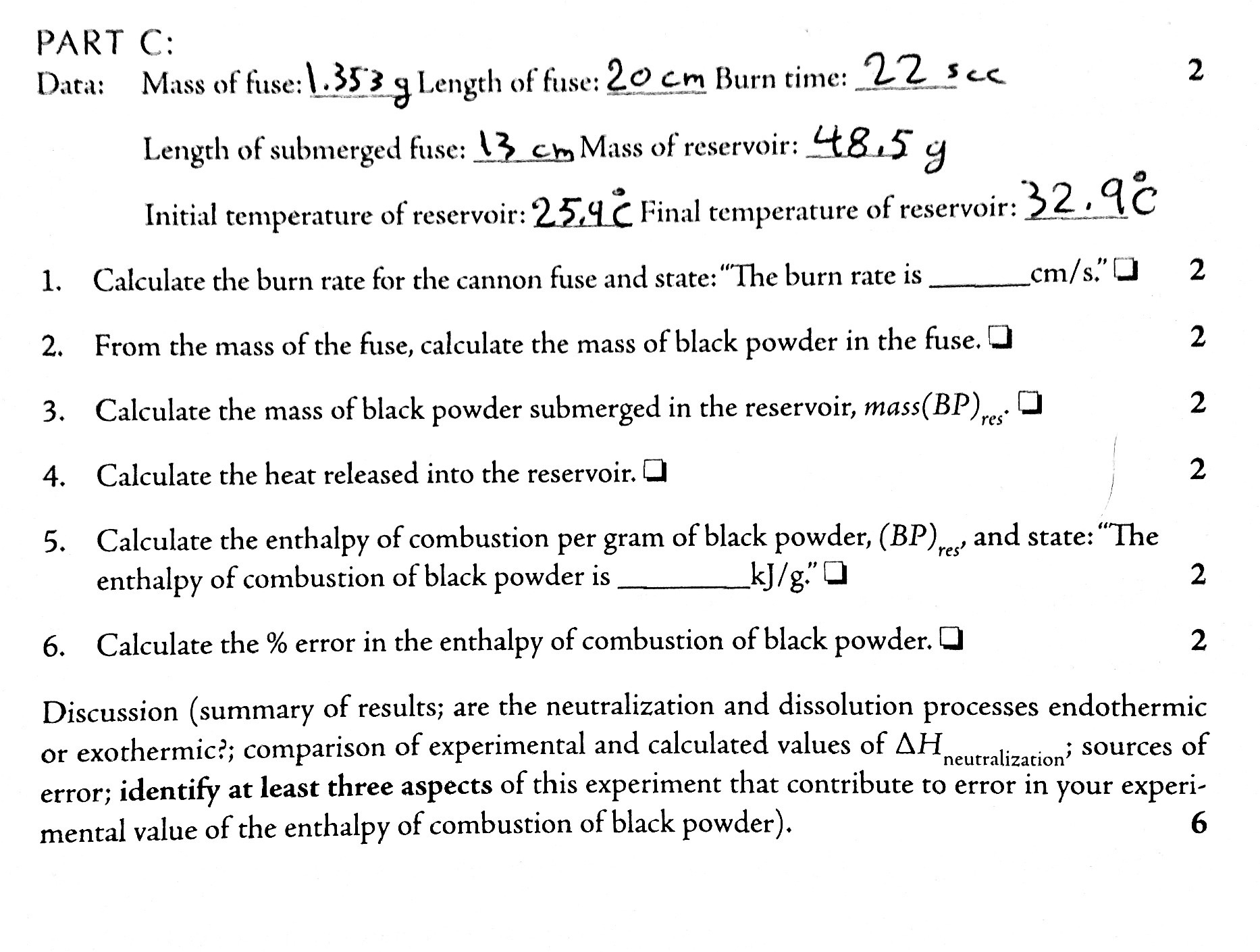 Data: Mass of fuse: 1.353 g Length of fuse: 20 Cm | Chegg.com